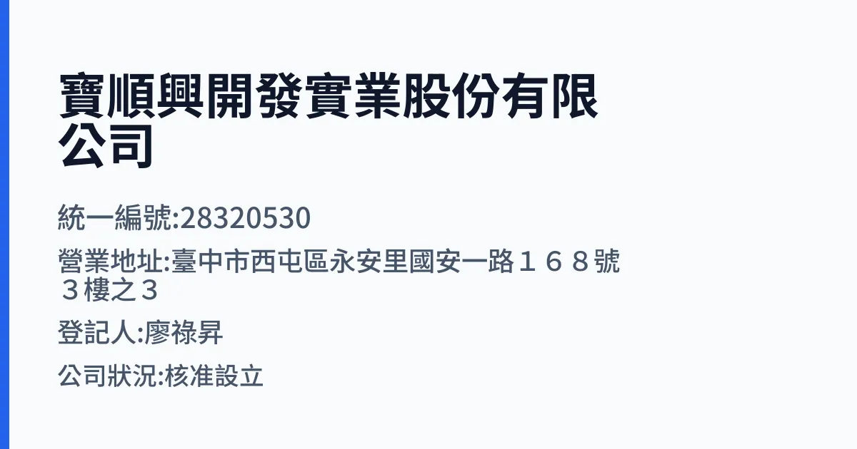 寶順興開發實業股份有限公司 - 統編 28320530(臺中市) 公司登記資料與營業項目詳細圖表