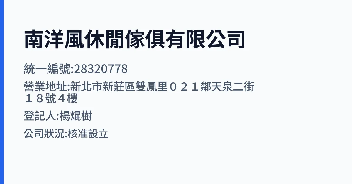 南洋風休閒傢俱有限公司 - 統編 28320778(新北市) 公司登記資料與營業項目詳細圖表