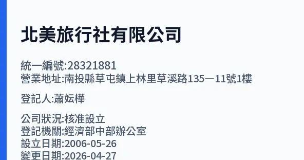 北美旅行社有限公司的照片-統編 28321881(南投縣) 公司登記資料與營業項目詳細圖表