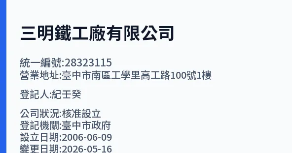 三明鐵工廠有限公司的照片-統編 28323115(臺中市) 公司登記資料與營業項目詳細圖表