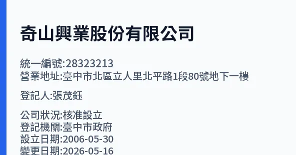 奇山興業股份有限公司的照片-統編 28323213(臺中市) 公司登記資料與營業項目詳細圖表