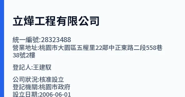 立燁工程有限公司的照片-統編 28323488(桃園市) 公司登記資料與營業項目詳細圖表