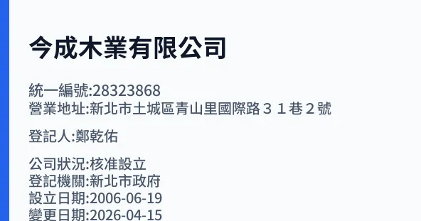 今成木業有限公司的照片-統編 28323868(新北市) 公司登記資料與營業項目詳細圖表