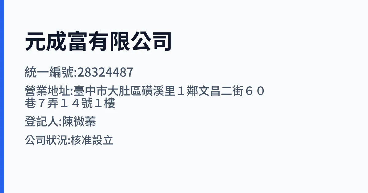 元成富有限公司 - 統編 28324487（臺中市） 公司登記資料與營業項目詳細圖表