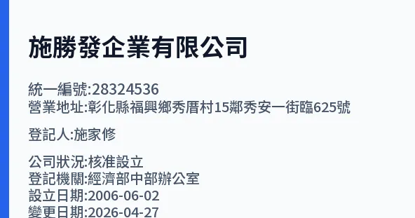 施勝發企業有限公司的照片-統編 28324536(彰化縣) 公司登記資料與營業項目詳細圖表