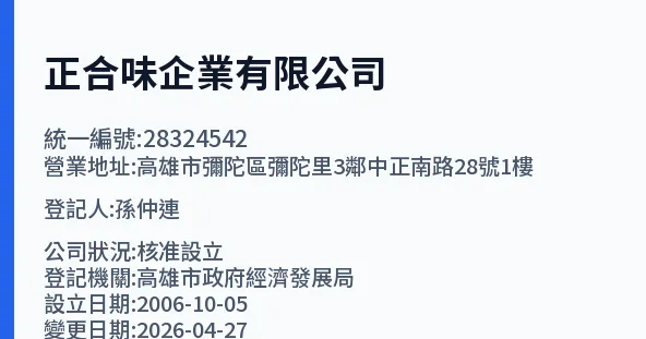 正合味企業有限公司的照片-統編 28324542(高雄市) 公司登記資料與營業項目詳細圖表