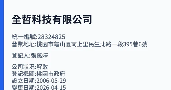 全哲科技有限公司的照片-統編 28324825(桃園市) 公司登記資料與營業項目詳細圖表