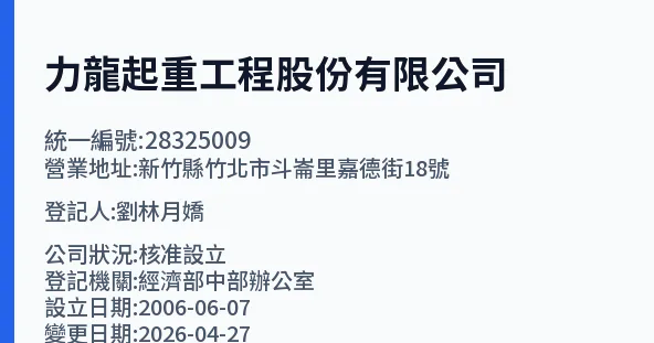 力龍起重工程股份有限公司的照片-統編 28325009(新竹縣) 公司登記資料與營業項目詳細圖表