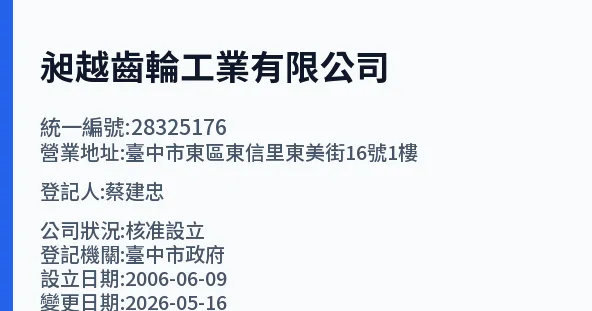 昶越齒輪工業有限公司的照片-統編 28325176(臺中市) 公司登記資料與營業項目詳細圖表