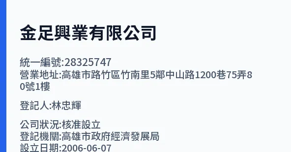 金足興業有限公司的照片-統編 28325747(高雄市) 公司登記資料與營業項目詳細圖表