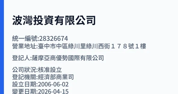 波灣投資有限公司的照片-統編 28326674(臺中市) 公司登記資料與營業項目詳細圖表