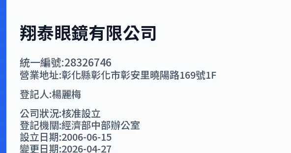 翔泰眼鏡有限公司的照片-統編 28326746(彰化縣) 公司登記資料與營業項目詳細圖表