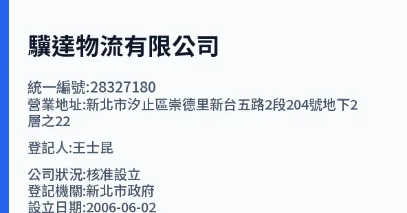 驥達物流有限公司的照片-統編 28327180(新北市) 公司登記資料與營業項目詳細圖表
