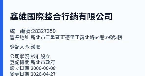 鑫維國際整合行銷有限公司的照片-統編 28327359(新北市) 公司登記資料與營業項目詳細圖表