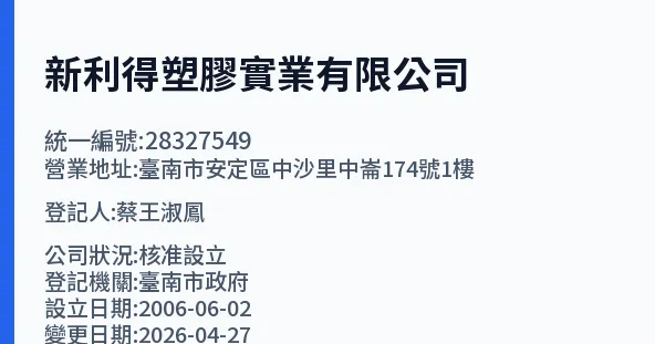 新利得塑膠實業有限公司的照片-統編 28327549(臺南市) 公司登記資料與營業項目詳細圖表