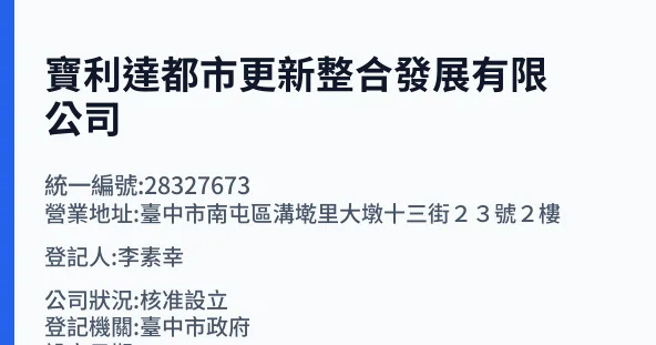 寶利達都市更新整合發展有限公司的照片-統編 28327673(臺中市) 公司登記資料與營業項目詳細圖表