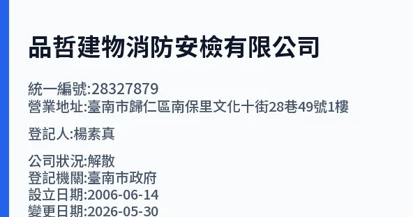 品哲建物消防安檢有限公司的照片-統編 28327879(臺南市) 公司登記資料與營業項目詳細圖表