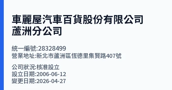 車麗屋汽車百貨股份有限公司蘆洲分公司的照片-統編 28328499(新北市) 公司登記資料與營業項目詳細圖表