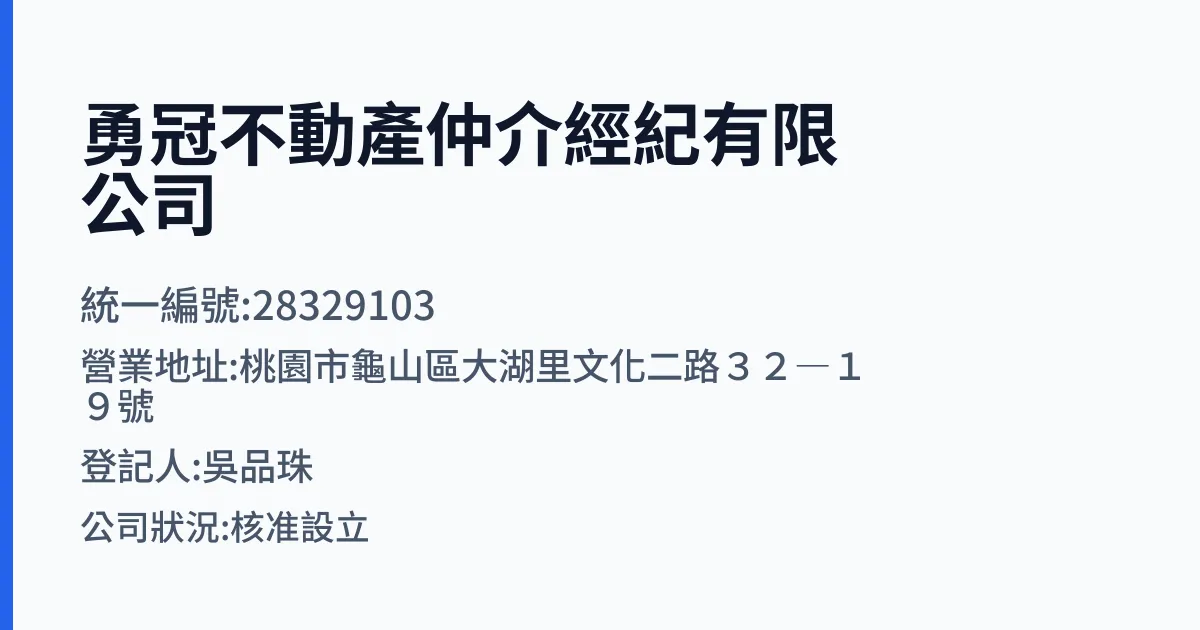 勇冠不動產仲介經紀有限公司 - 統編 28329103(桃園市) 公司登記資料與營業項目詳細圖表