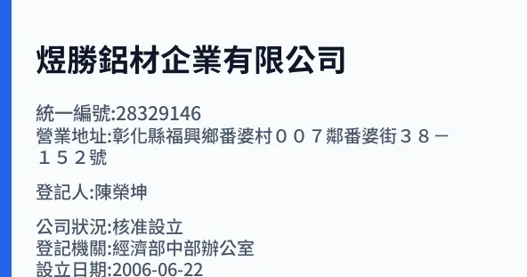 煜勝鋁材企業有限公司的照片-統編 28329146(彰化縣) 公司登記資料與營業項目詳細圖表