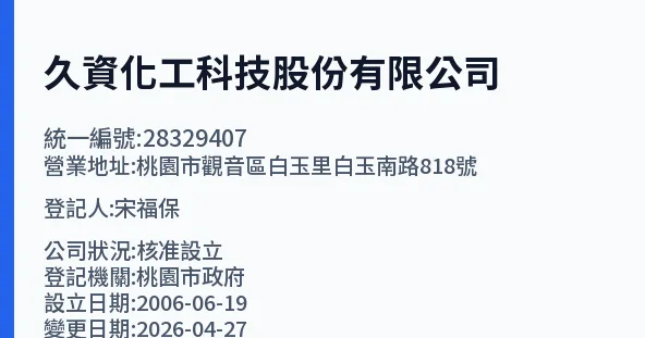 久資化工科技股份有限公司的照片-統編 28329407(桃園市) 公司登記資料與營業項目詳細圖表