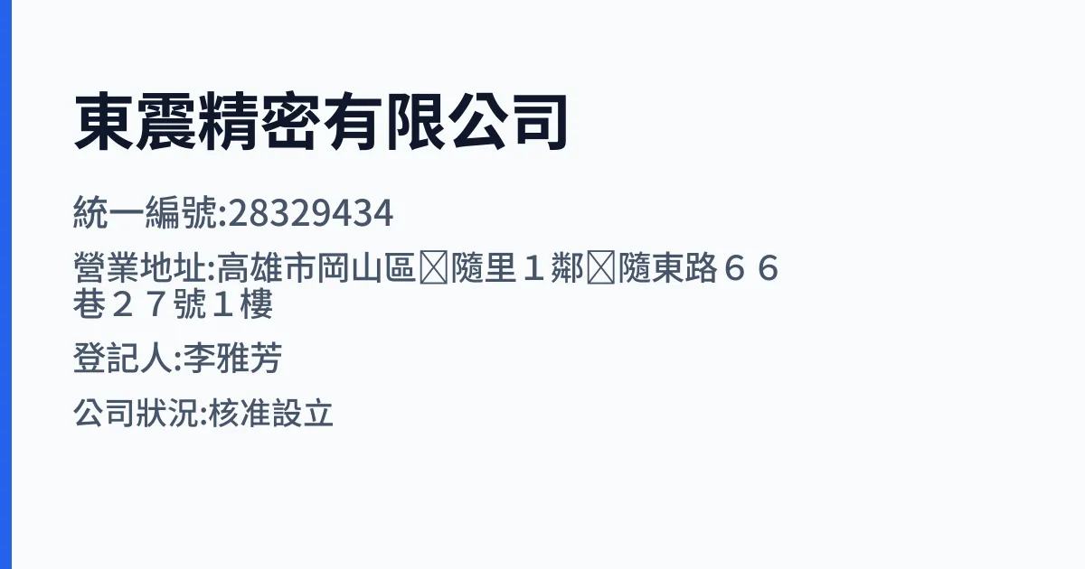 東震精密有限公司 - 統編 28329434(高雄市) 公司登記資料與營業項目詳細圖表