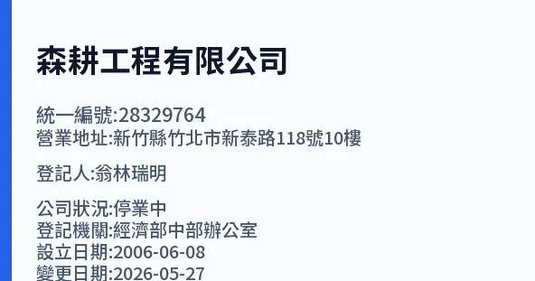 森耕工程有限公司的照片-統編 28329764(新竹縣) 公司登記資料與營業項目詳細圖表