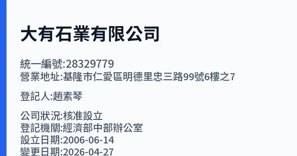 大有石業有限公司的照片-統編 28329779(基隆市) 公司登記資料與營業項目詳細圖表
