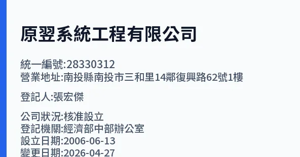 原翌系統工程有限公司的照片-統編 28330312(南投縣) 公司登記資料與營業項目詳細圖表