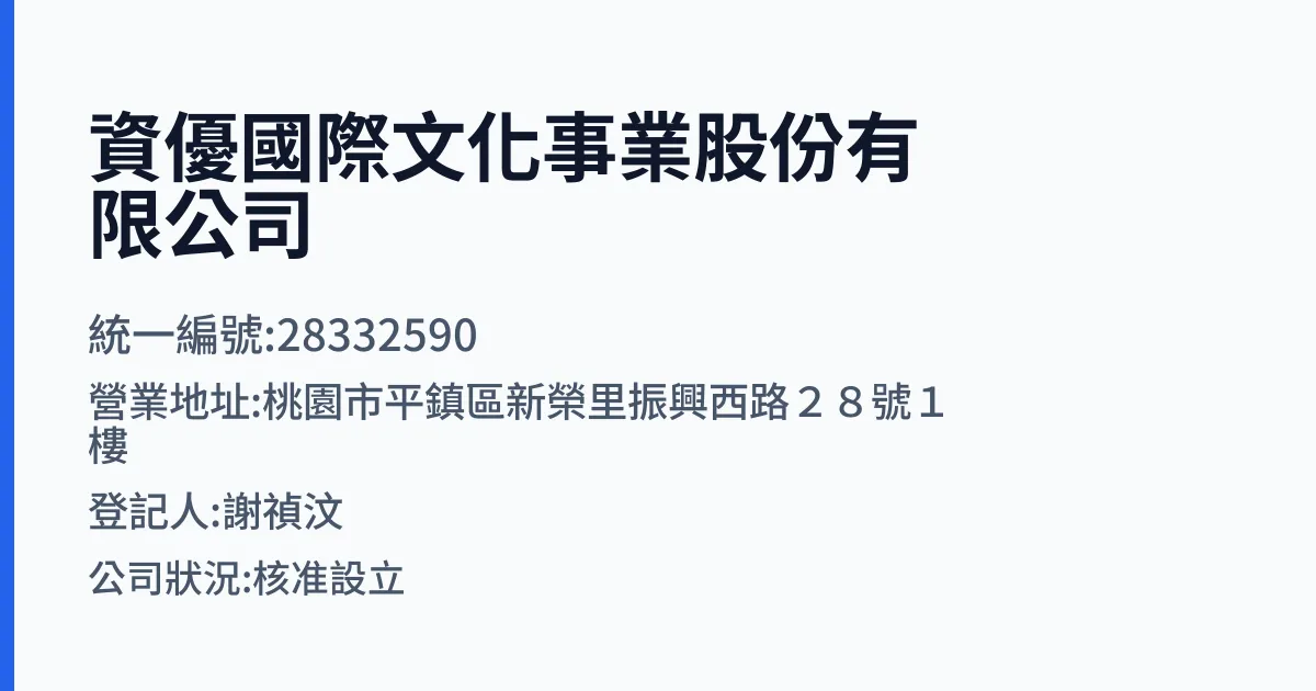 資優國際文化事業股份有限公司 - 統編 28332590(桃園市) 公司登記資料與營業項目詳細圖表