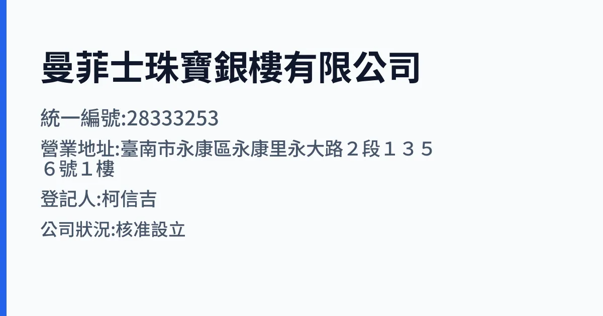 曼菲士珠寶銀樓有限公司 - 統編 28333253(臺南市) 公司登記資料與營業項目詳細圖表