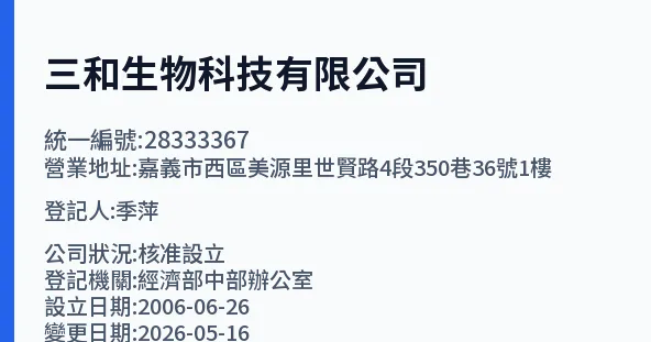 三和生物科技有限公司的照片-統編 28333367(嘉義市) 公司登記資料與營業項目詳細圖表