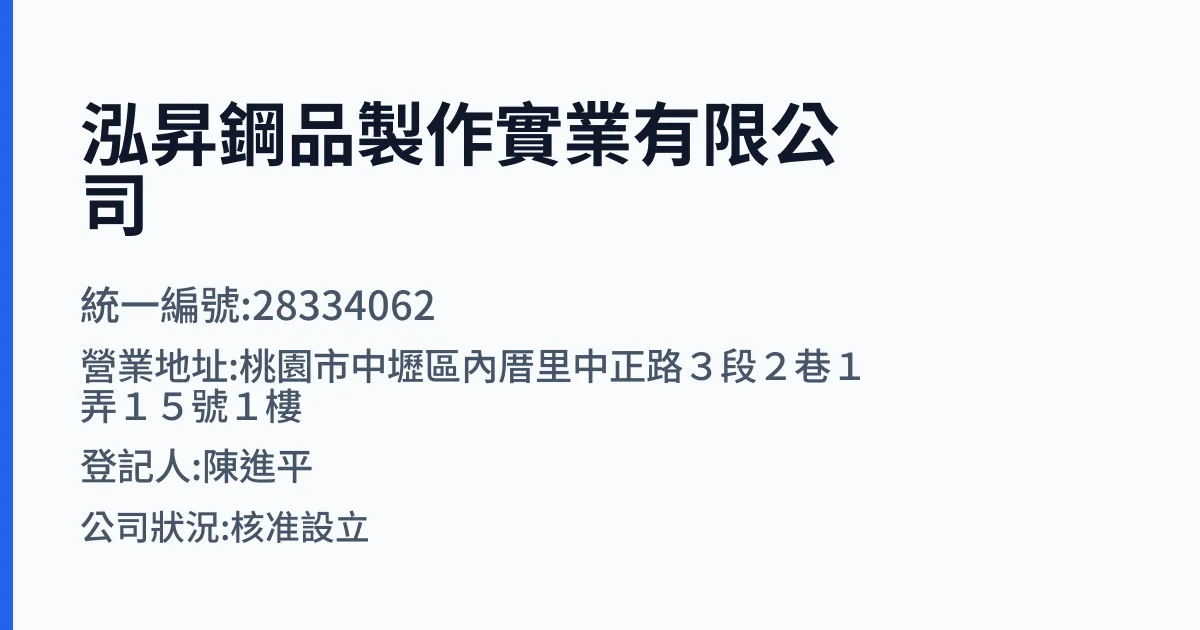 泓昇鋼品製作實業有限公司 - 統編 28334062(桃園市) 公司登記資料與營業項目詳細圖表
