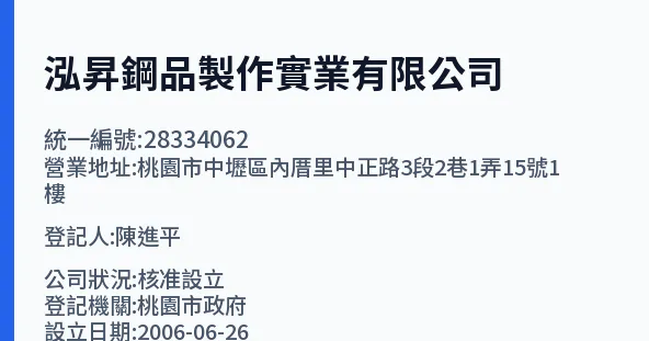 泓昇鋼品製作實業有限公司的照片-統編 28334062(桃園市) 公司登記資料與營業項目詳細圖表