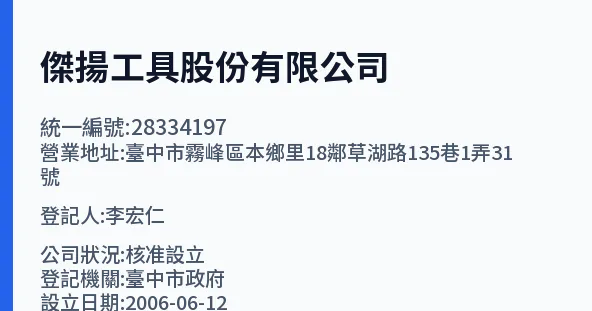 傑揚工具股份有限公司的照片-統編 28334197(臺中市) 公司登記資料與營業項目詳細圖表