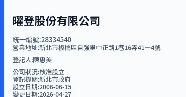 曜登股份有限公司的照片-統編 28334540(新北市) 公司登記資料與營業項目詳細圖表