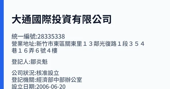 大通國際投資有限公司的照片-統編 28335338(新竹市) 公司登記資料與營業項目詳細圖表