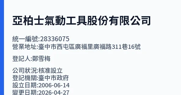 亞柏士氣動工具股份有限公司的照片-統編 28336075(臺中市) 公司登記資料與營業項目詳細圖表