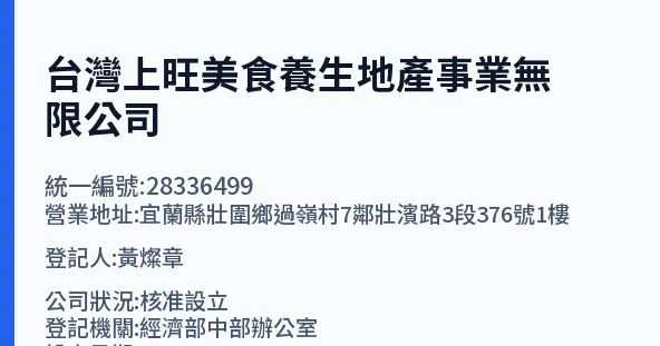 台灣上旺美食養生地產事業無限公司的照片-統編 28336499(宜蘭縣) 公司登記資料與營業項目詳細圖表