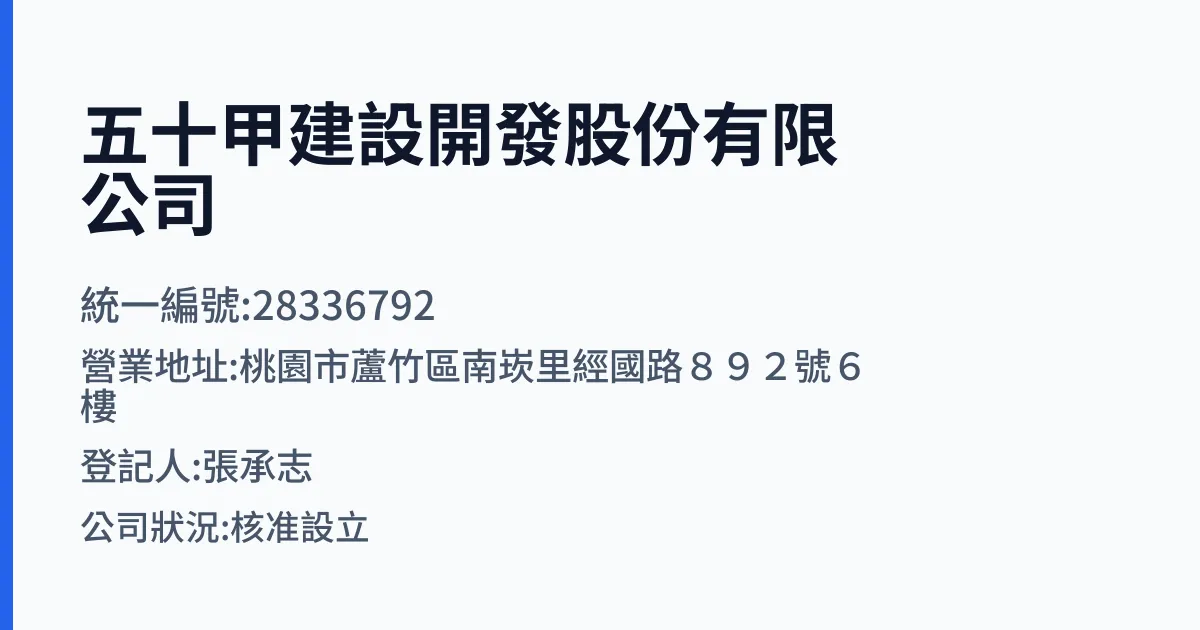 五十甲建設開發股份有限公司 - 統編 28336792(桃園市) 公司登記資料與營業項目詳細圖表