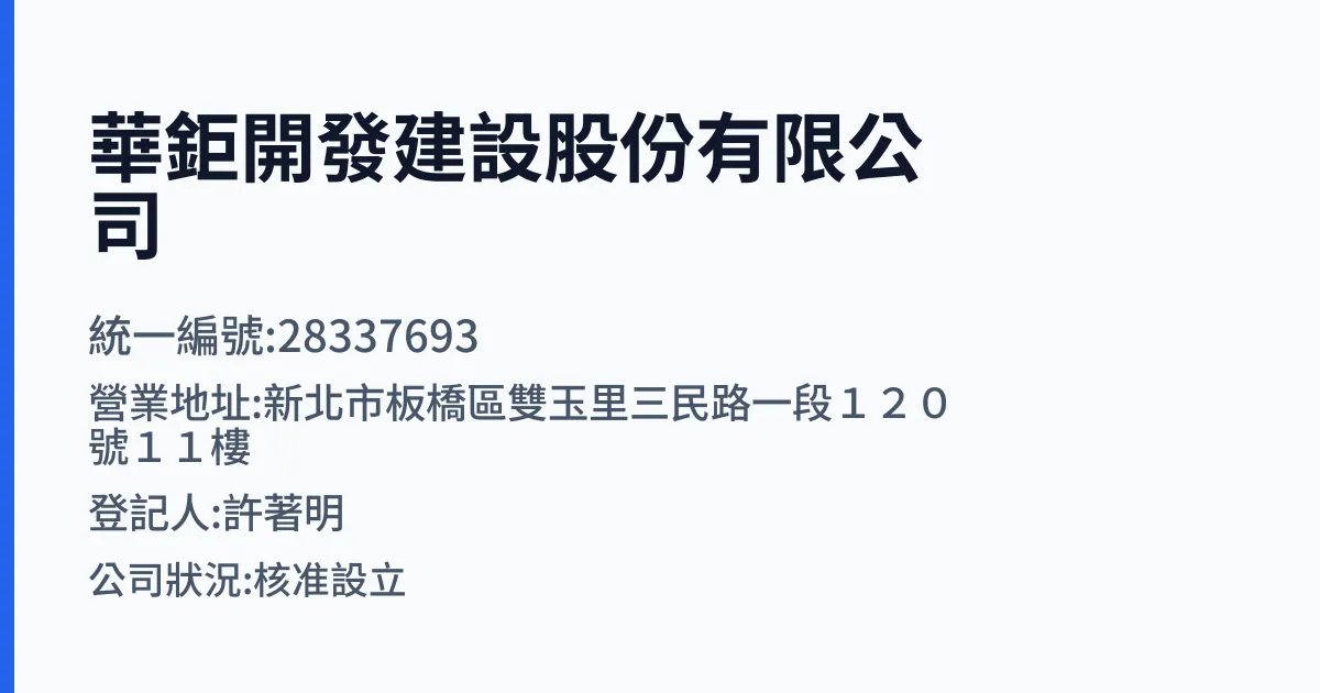 華鉅開發建設股份有限公司 - 統編 28337693(新北市) 公司登記資料與營業項目詳細圖表