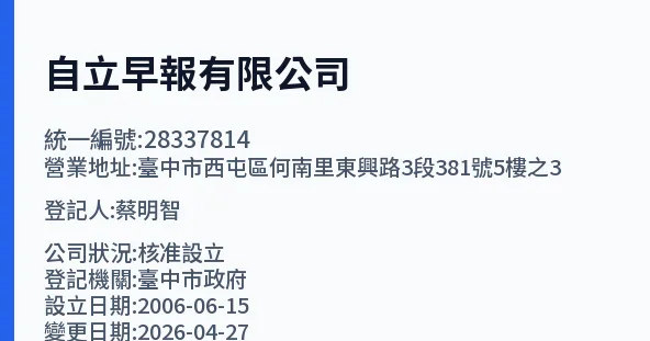 自立早報有限公司的照片-統編 28337814(臺中市) 公司登記資料與營業項目詳細圖表