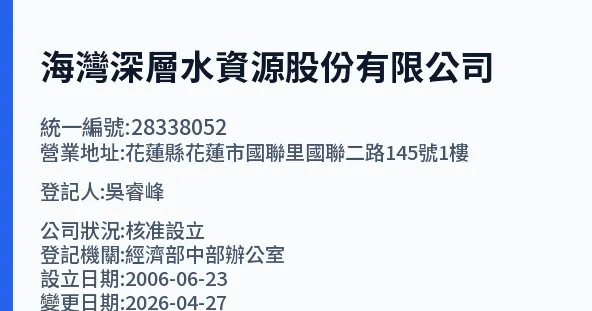 海灣深層水資源股份有限公司的照片-統編 28338052(花蓮縣) 公司登記資料與營業項目詳細圖表