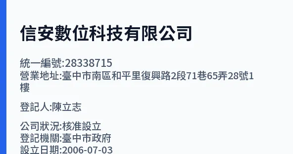 信安數位科技有限公司的照片-統編 28338715(臺中市) 公司登記資料與營業項目詳細圖表