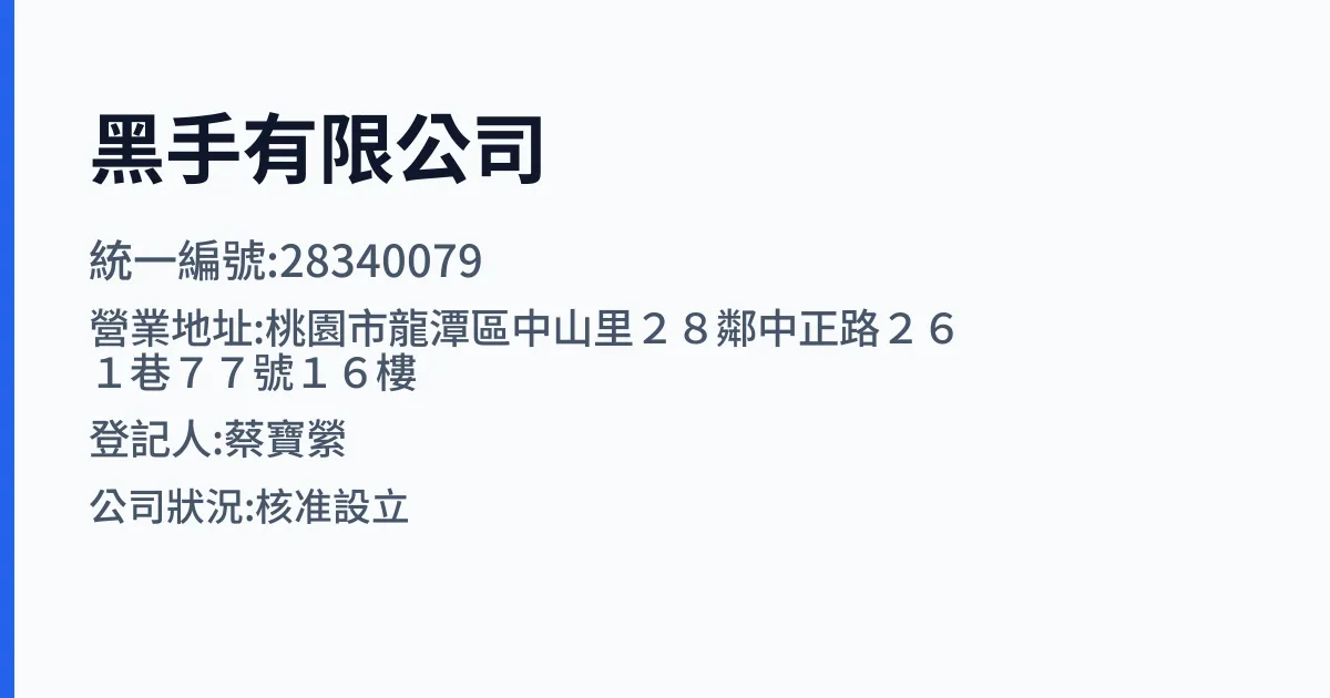 黑手有限公司 - 統編 28340079(桃園市) 公司登記資料與營業項目詳細圖表