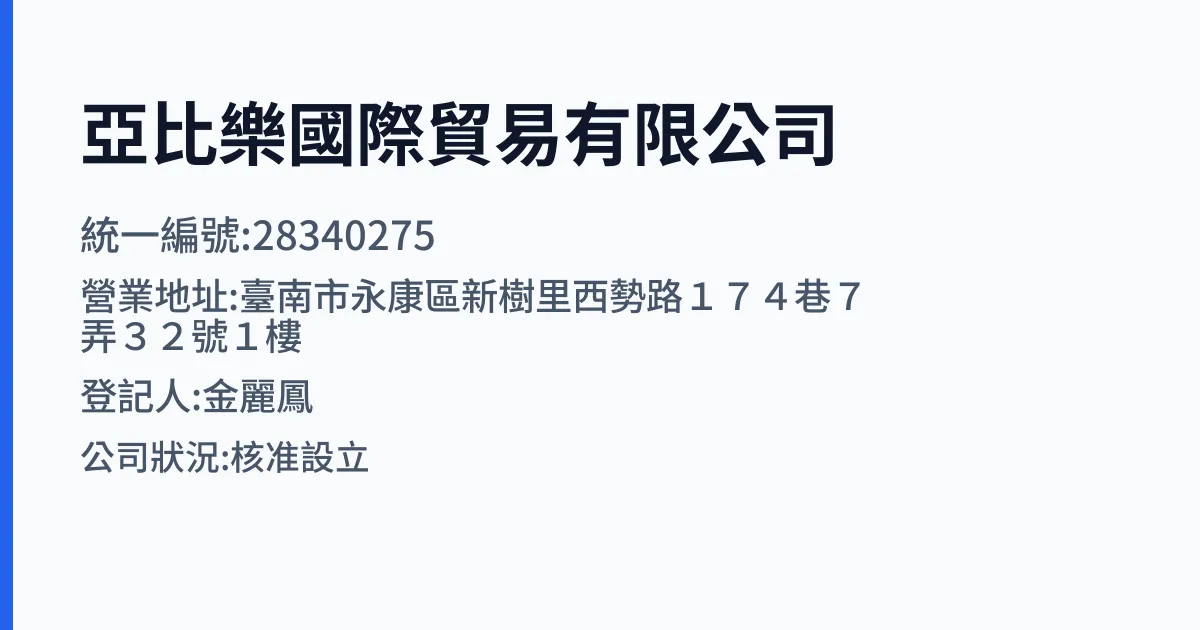 亞比樂國際貿易有限公司 - 統編 28340275(臺南市) 公司登記資料與營業項目詳細圖表
