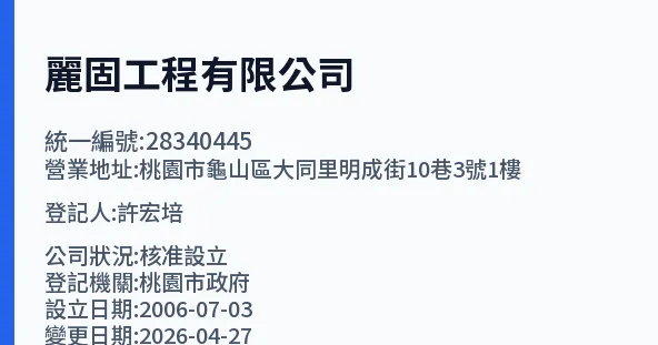 麗固工程有限公司的照片-統編 28340445(桃園市) 公司登記資料與營業項目詳細圖表