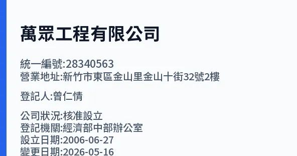 萬眾工程有限公司的照片-統編 28340563(新竹市) 公司登記資料與營業項目詳細圖表