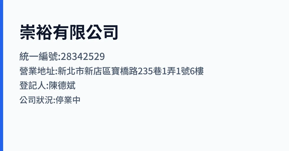 崇裕有限公司 - 統編 28342529(新北市) 公司登記資料與營業項目詳細圖表