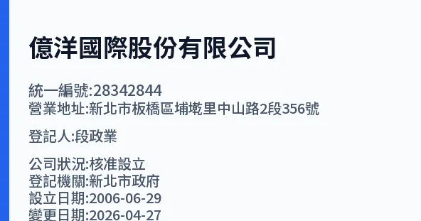 億洋國際股份有限公司的照片-統編 28342844(新北市) 公司登記資料與營業項目詳細圖表